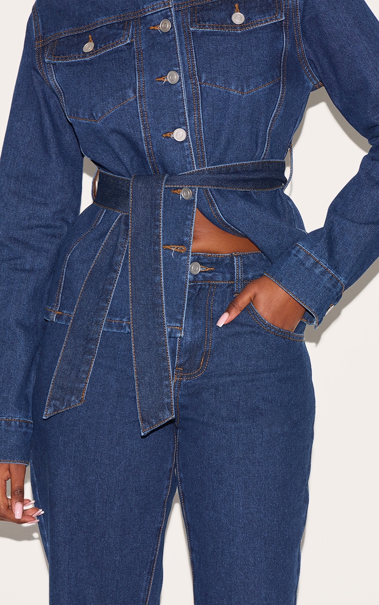 Dark Blue Mid Waist Contrast Stitch Flared Jeans | Denim | PLT USA