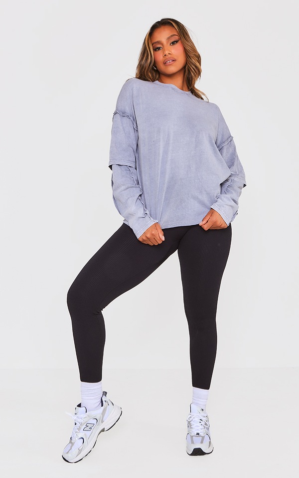 Grey Cotton Raw Edge Double Long Sleeve T Shirt | Tops | PLT
