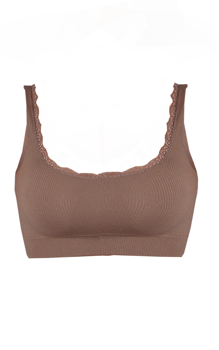 Mocha Seamless Rib Lace Trim Square Neck Bra | PrettyLittleThing