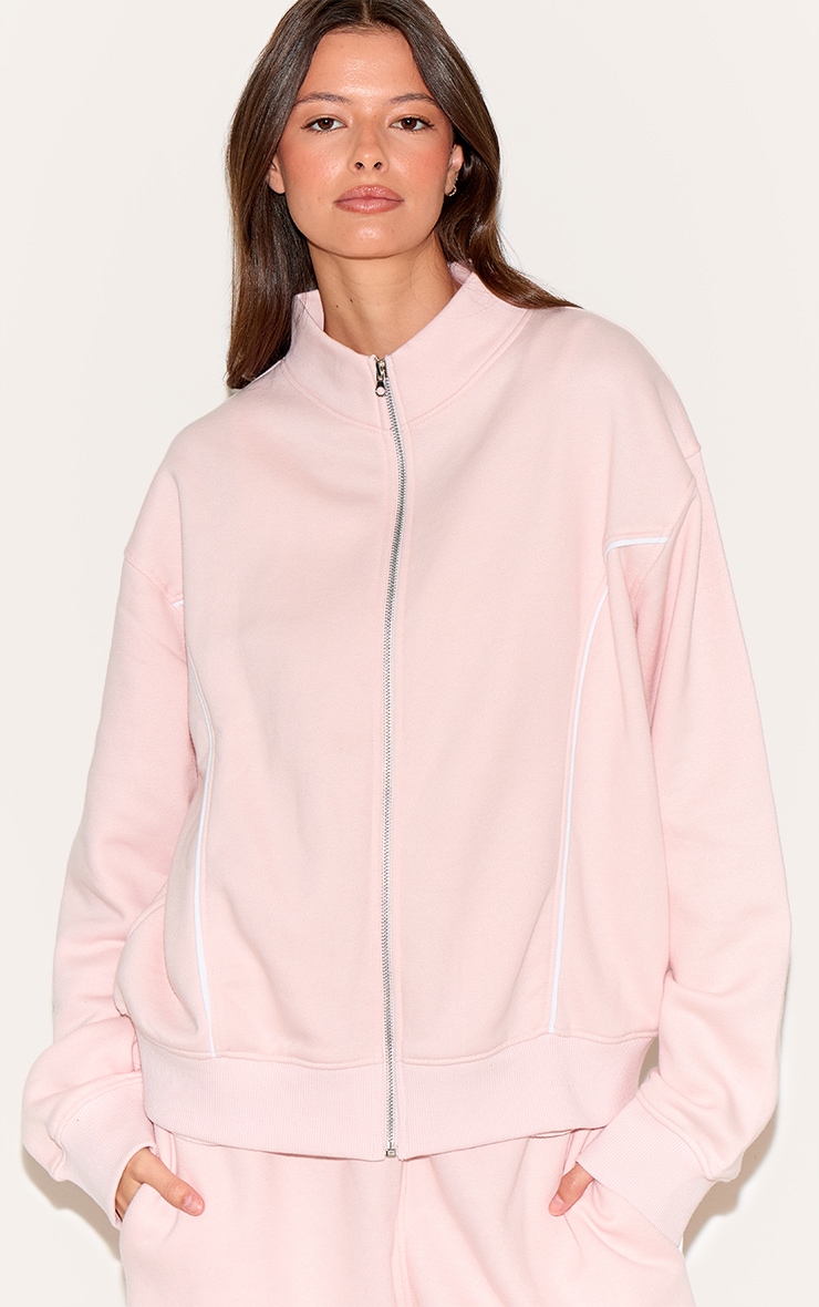 Baby Pink Contrast Seam Zip Through Sweatshirt | Sweat ...