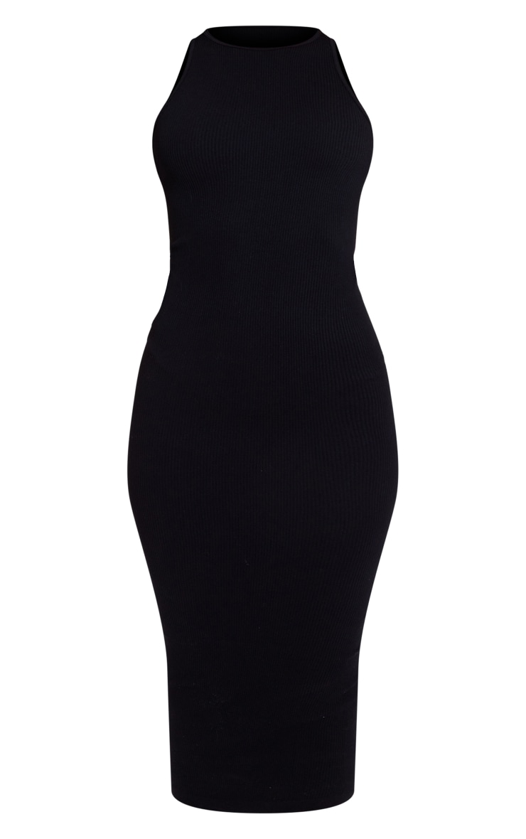 Black Structured Snatched Rib Racer Neck Dress | PrettyLittleThing USA