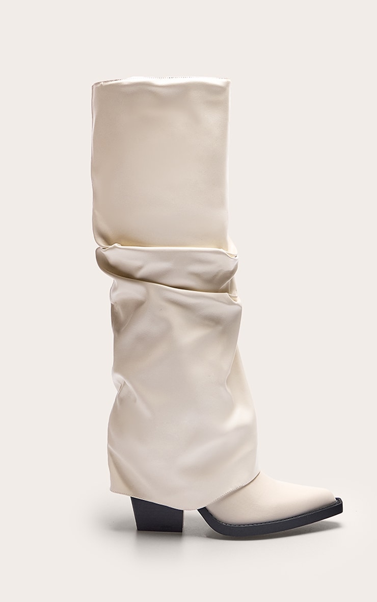 Cream Fold Over Block Heel Knee High Boots | Footwear | PLT