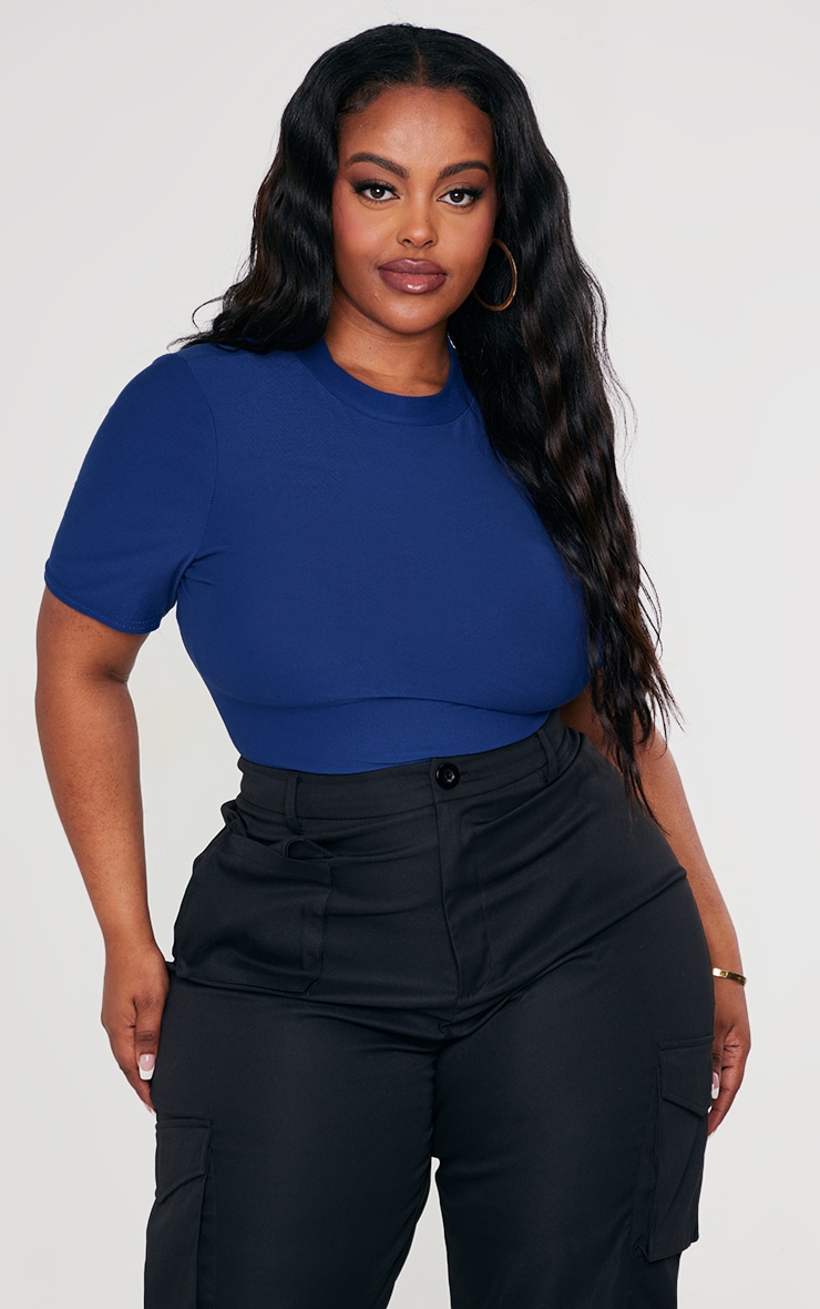 Plus Navy High Neck Soft Touch Cap Sleeve Bodysuit | PrettyLittleThing