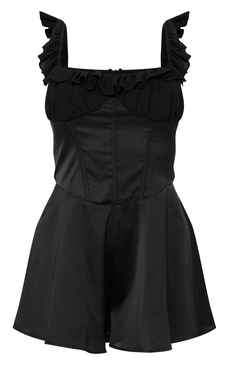 Black Ruffle Sleeve Satin Floaty Romper Jumpsuits And Rompers Prettylittlething Usa
