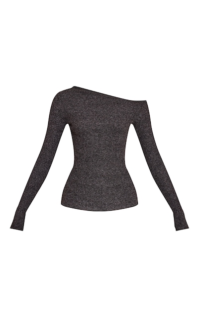 Charcoal Marl Rib Asymmetric Long Sleeve Top | Tops | PLT