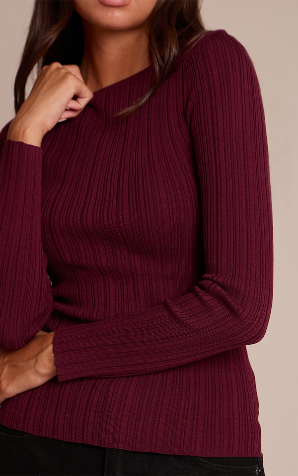 Burgundy Fine Knit Boat Neck Rib Knit Top | Knitwear | PLT