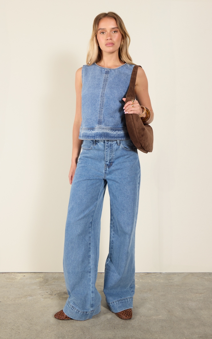 Mid Blue Wash Round Neck Sleeveless Boxy Denim Top | Denim | PLT