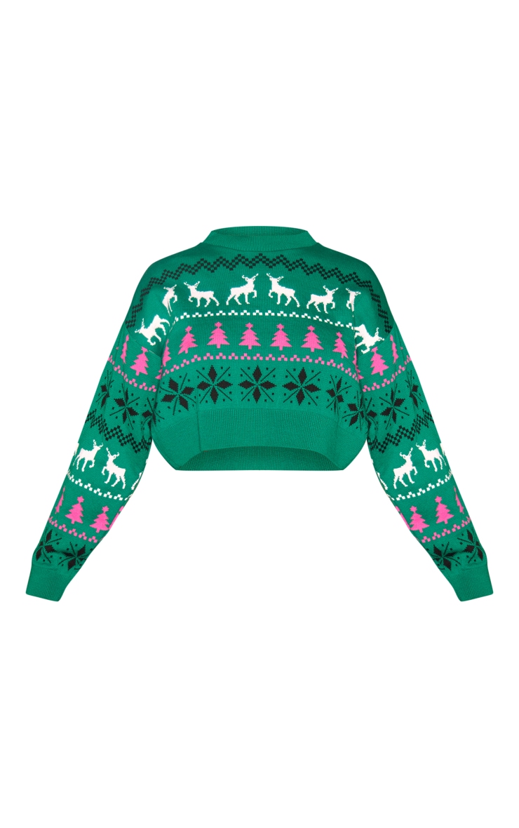 Green Reindeer Fairisle Cropped Christmas Jumper | Knitwear | PLT