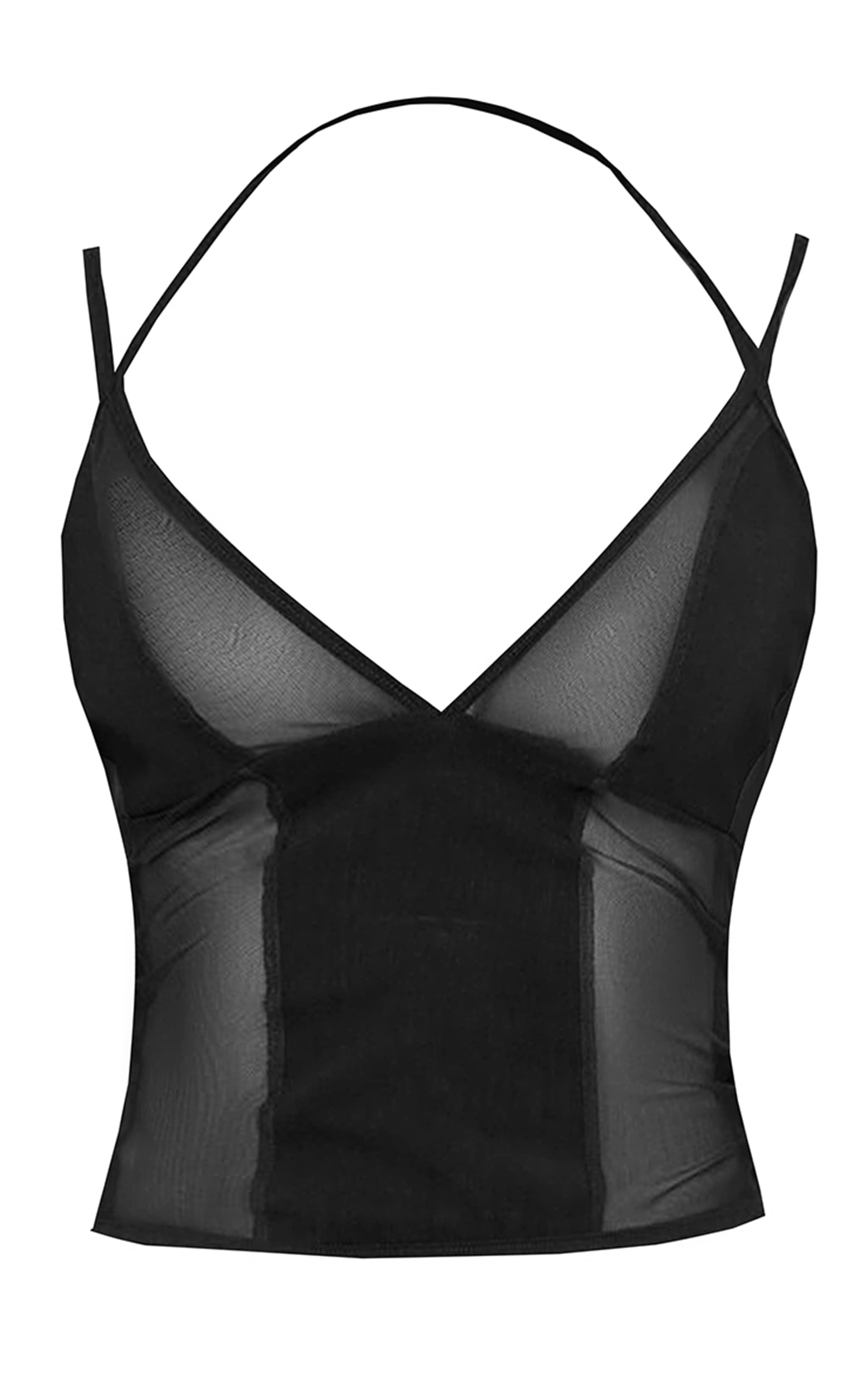 Black Stretch Woven Mesh Panel Strappy Long Top | PrettyLittleThing