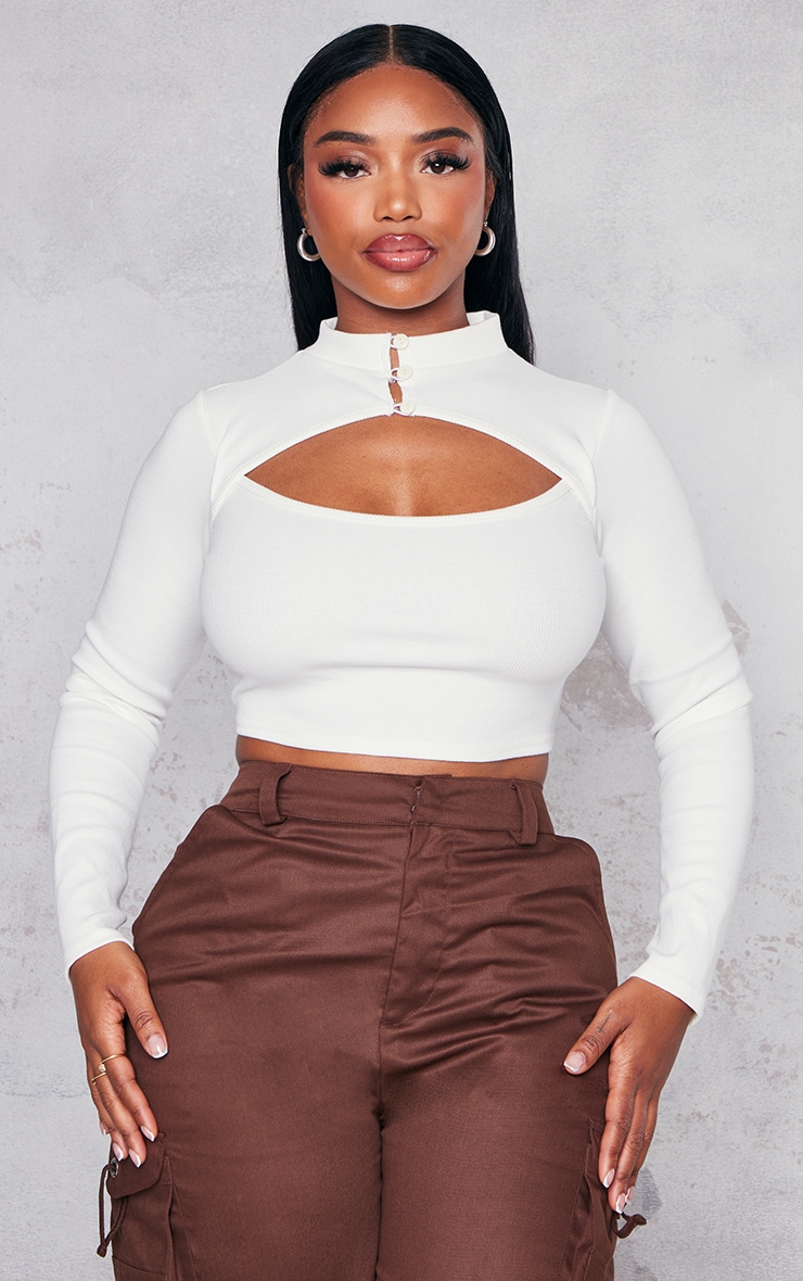 Shape Cream Rib High Neck Button Detail Crop Top | Shape | PLT