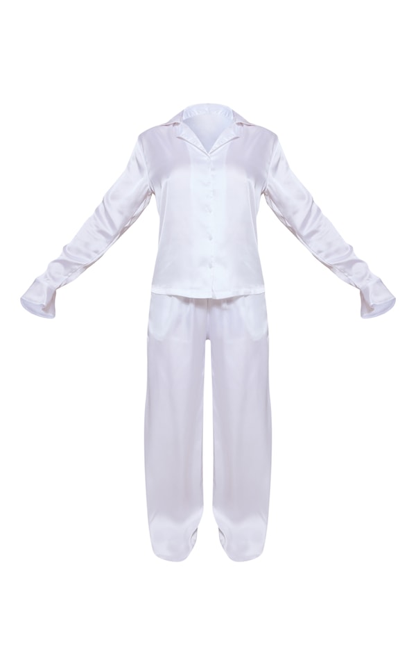 White Frill Cuff Satin Long PJ Set | Lingerie & Nightwear ...