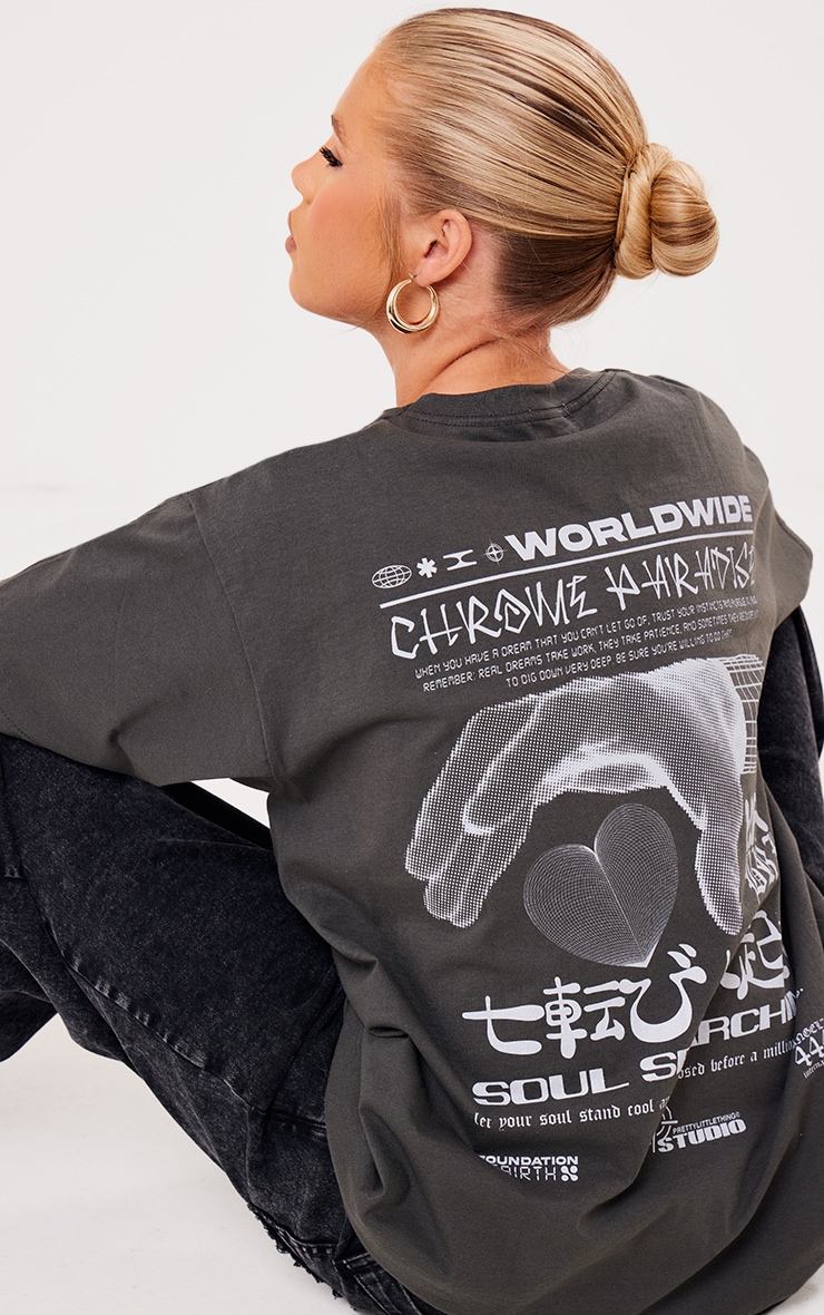 Charcoal Worldwide Chrome Print T Shirt | Tops | PrettyLittleThing UAE