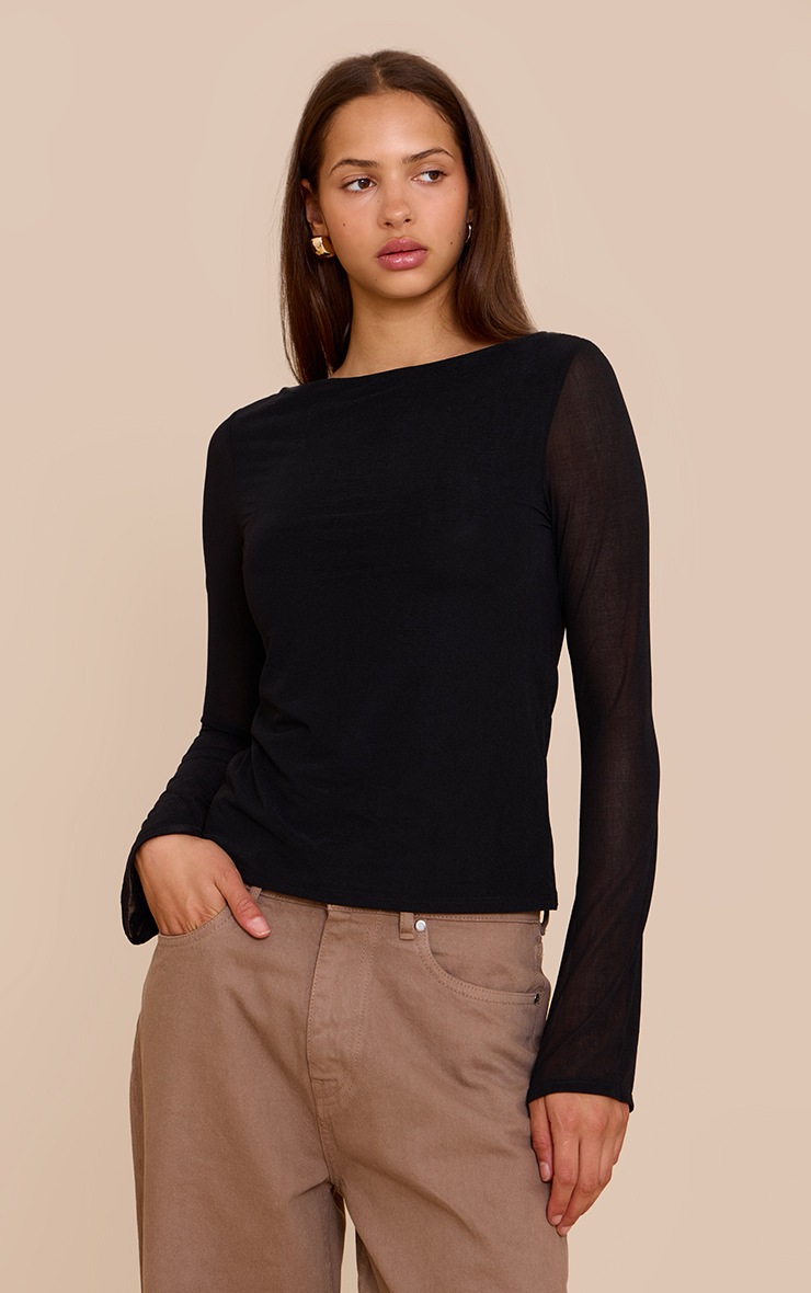 Black Stretch Chiffon Loose Fit Flare Top | Tops | PLT USA