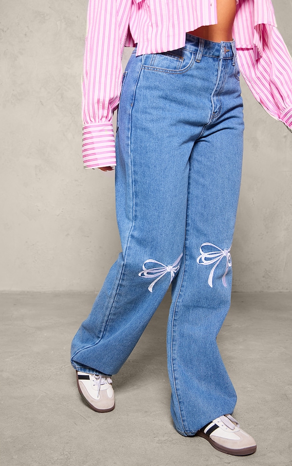 Light Blue Bow Detail Embroidered Denim Jeans | Denim | PLT USA