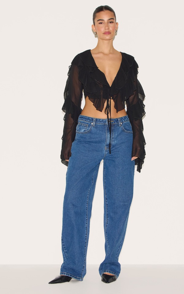 Black Extreme Frill Tie Front Flare Sleeve Blouse | Tops | PLT KSA