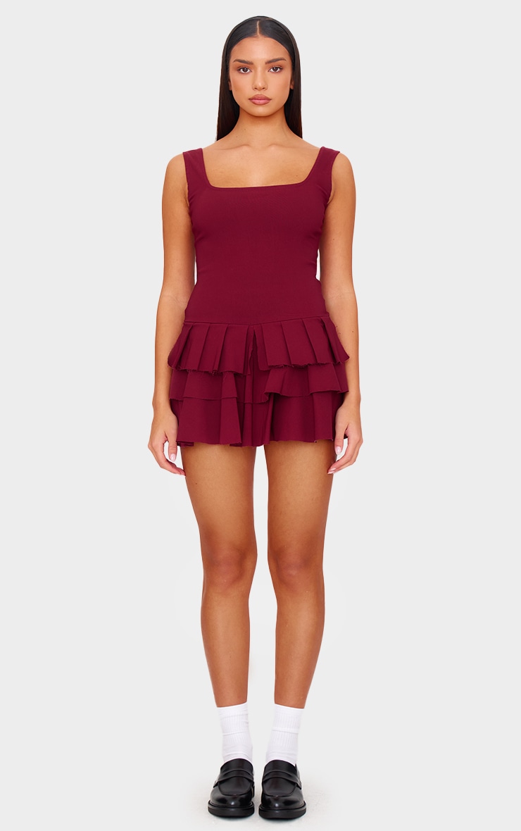 Burgundy Stretch Woven Pleated Skort Romper | Dresses ...