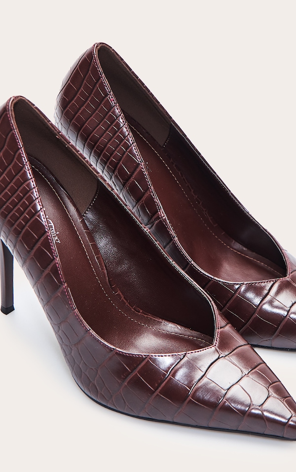 Chocolate Croc Pointed Toe Court Shoe | Footwear | PLT