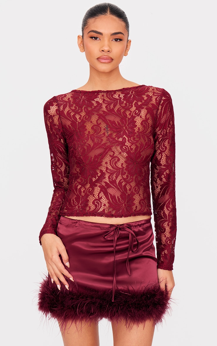 Plum Lace Boatneck Long Sleeve Long Top | Tops | PrettyLittleThing USA