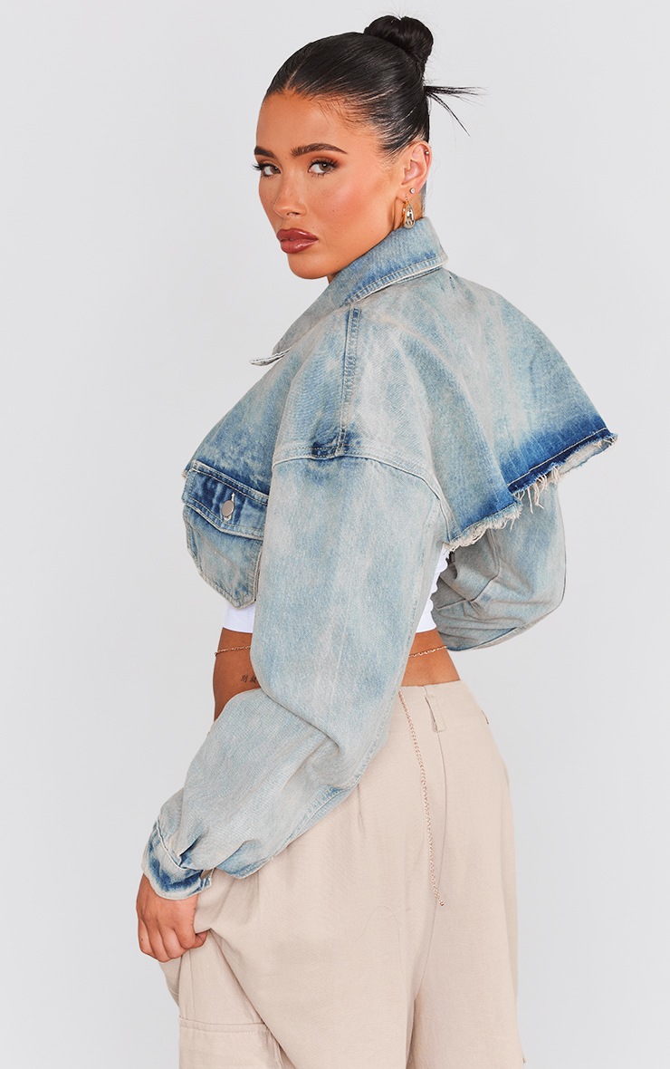 Vintage Mid Wash Raw Hem Extreme Crop Denim Jacket | Denim | PLT