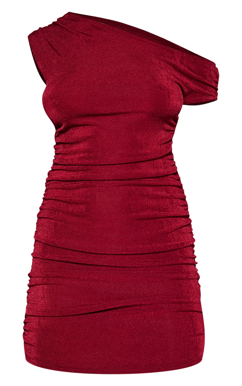 Burgundy Slinky Acetate One Shoulder Mini Dress | Dresses | PLT
