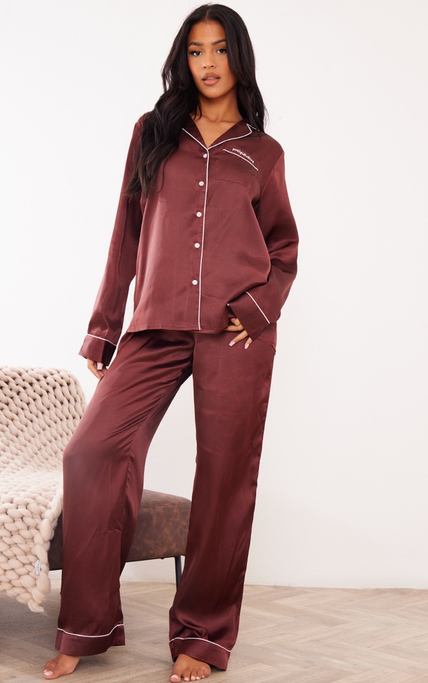 Tall Chocolate Long Sleeved Constrast Piping PJs | Tall | PLT
