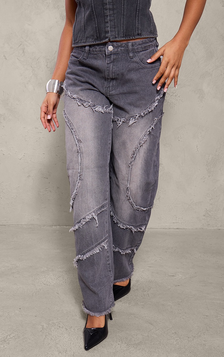 Dark Grey Asymmetric Frayed Mid Rise Jeans | PrettyLittleThing USA