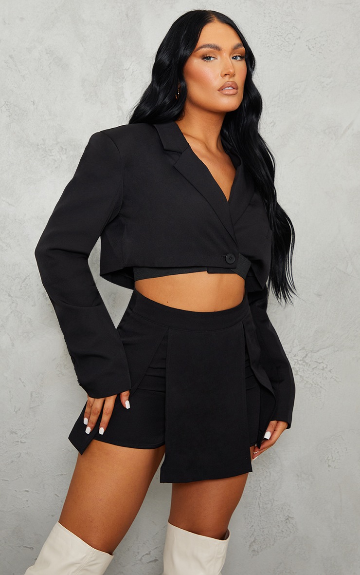 Black Elastic Waist Cropped Boxy Blazer | PrettyLittleThing QA