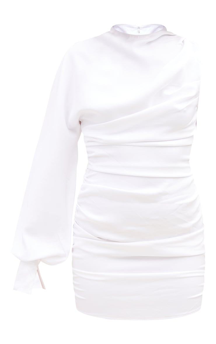 White One Sleeve Ruched Woven Bodycon Dress | Dresses | PLT USA
