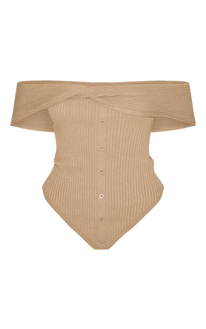 Taupe Rib Knit Twist Bardot Button Through Top | Knitwear | PLT