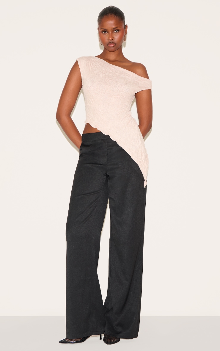 Almond Crinkle Mesh Asymmetric Neck Top | Tops | PrettyLittleThing