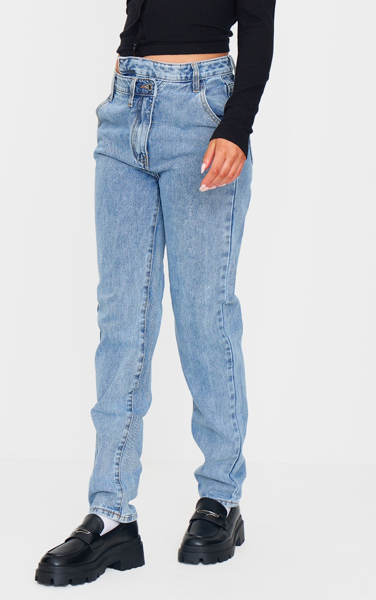 Light Blue Wash Asymmetric Waistband Long Jeans | Denim | PLT