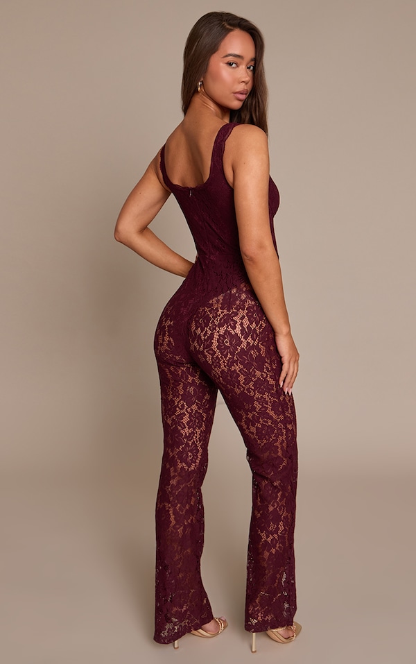 Plum Lace Boning Detail Strappy Flared Jumpsuit | Dresses | PLT
