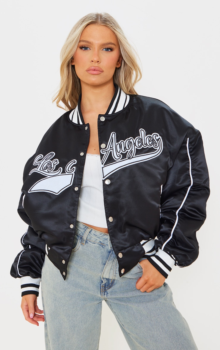 Black LA Graphic Contrast Satin Bomber Jacket | Outerwear ...