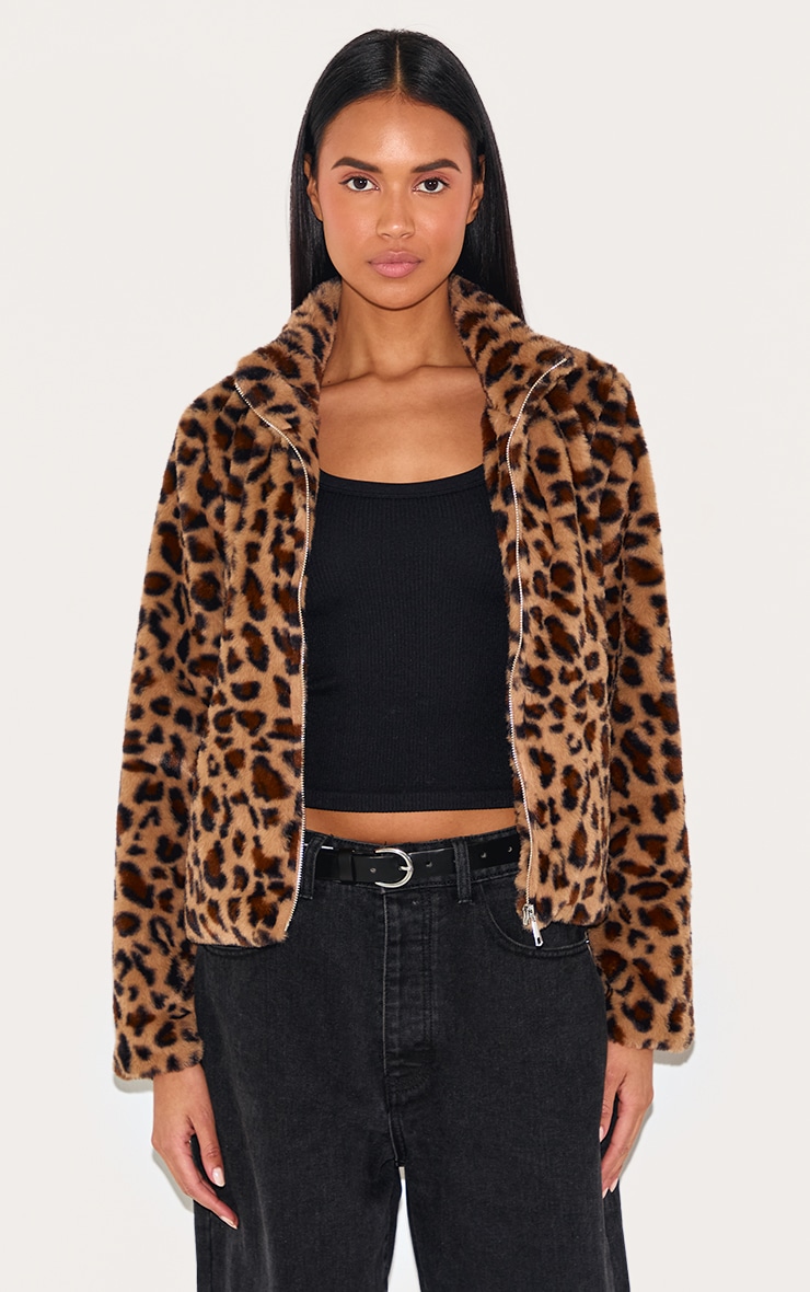Brown Leopard Fleece Zip Up Jacket | Outerwear | PLT