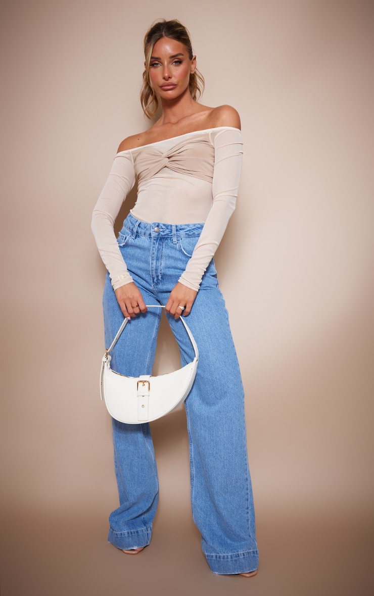 Stone Slinky Knot Mesh Longline Top | Tops | PrettyLittleThing