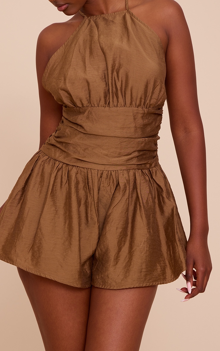 Chocolate Woven Halter Neck Romper | Dresses | PrettyLittleThing USA