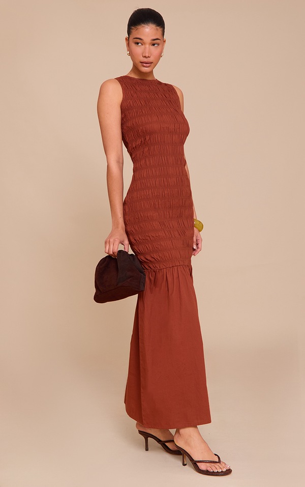 Chestnut Shirred Detail Drop Waist Maxi Dress | Dresses | PLT AUS
