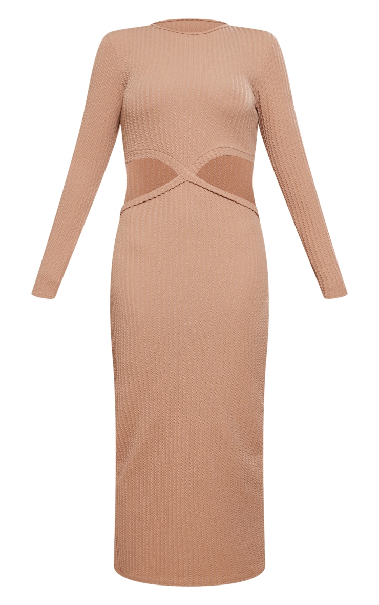 Taupe Textured Rib Cross Cut Out Midaxi Dress | PrettyLittleThing