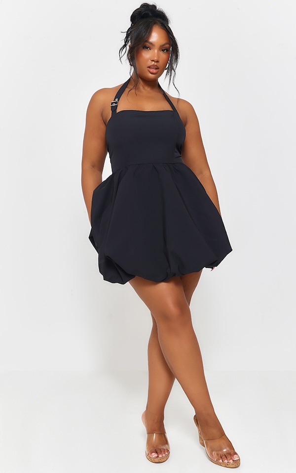 Plus Black Buckle Halterneck Puffball Mini Dress | Plus Size ...