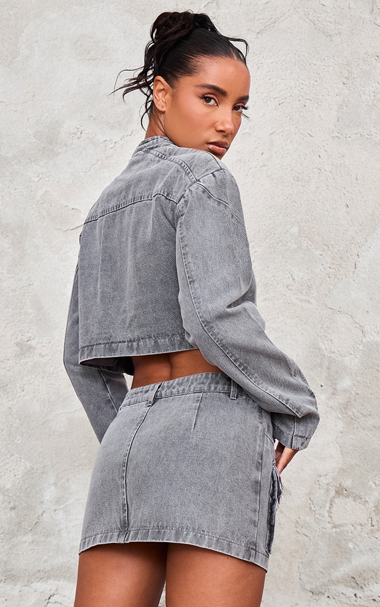 Grey Seam Shoulder Padded Racer Crop Denim Jacket | Denim ...