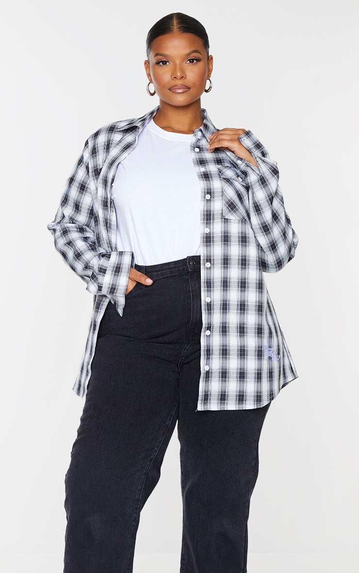 PRETTYLITTLETHING Plus Monochrome Oversized Check Shirt ...