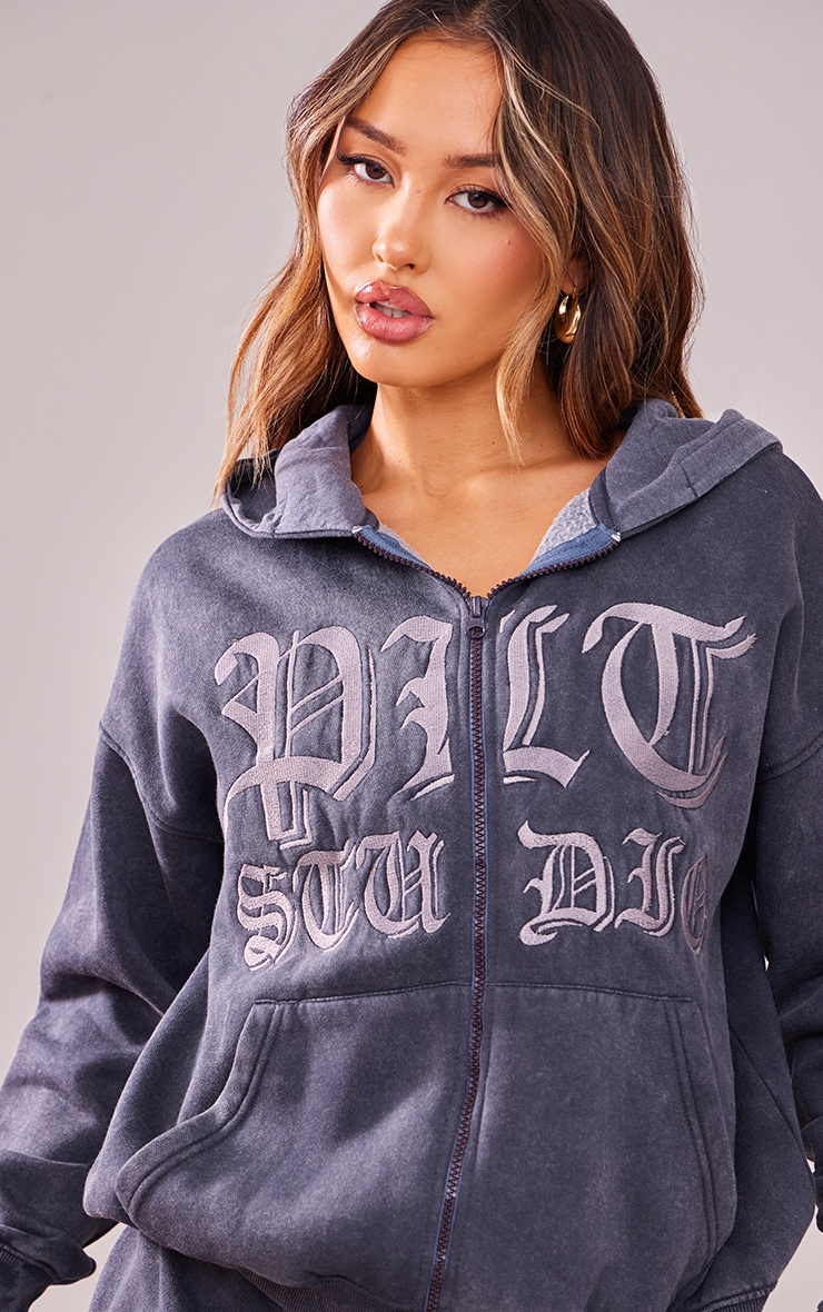 Petite Charcoal Embroidered Graphic Zip-up Hoodie | Petite ...