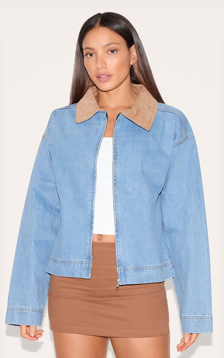 Tall Mid Blue Wash Collar Denim Bomber Jacket | Tall | PLT USA