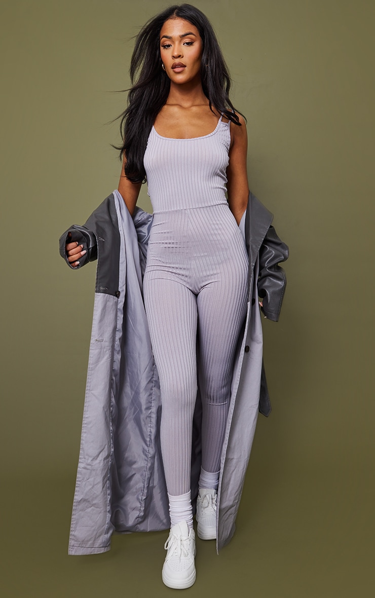 Tall Grey Rib Double Strap Jumpsuit | Tall | PrettyLittleThing IE