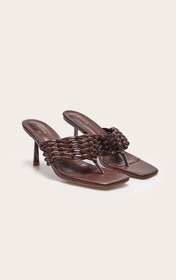 Chocolate Square Toe Thong Strap Mid Heeled Mules | Footwear | PLT