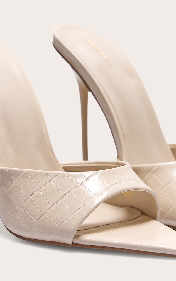 Cream Croc Pu Point Toe High Stiletto Heeled Mules | Footwear | PLT