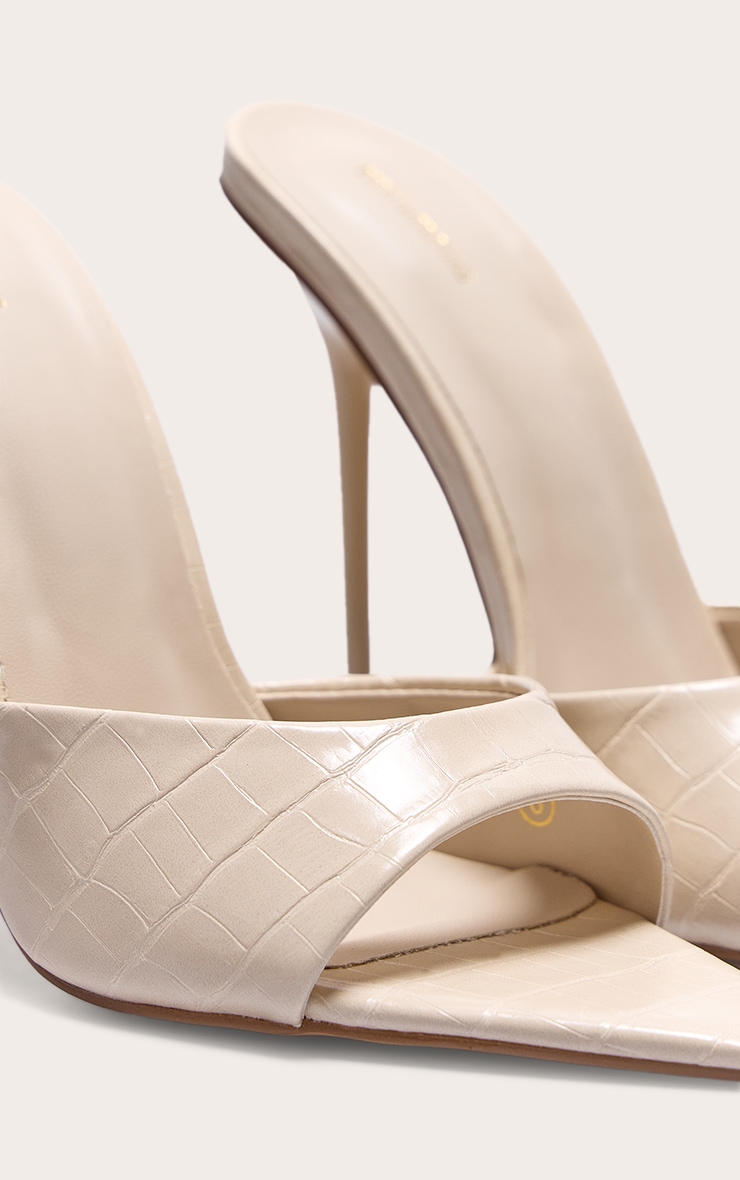 Cream Croc Pu Point Toe High Stiletto Heeled Mules | Footwear | PLT