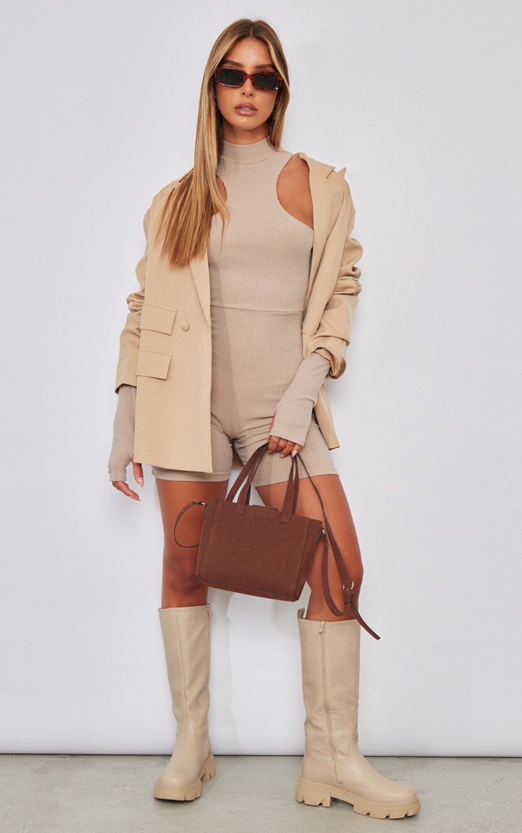 Taupe High Neck Cold Shoulder Rib Unitard | PrettyLittleThing