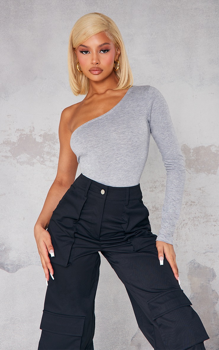 Ash Grey Marl One Shoulder Bodysuit | Tops | PLT
