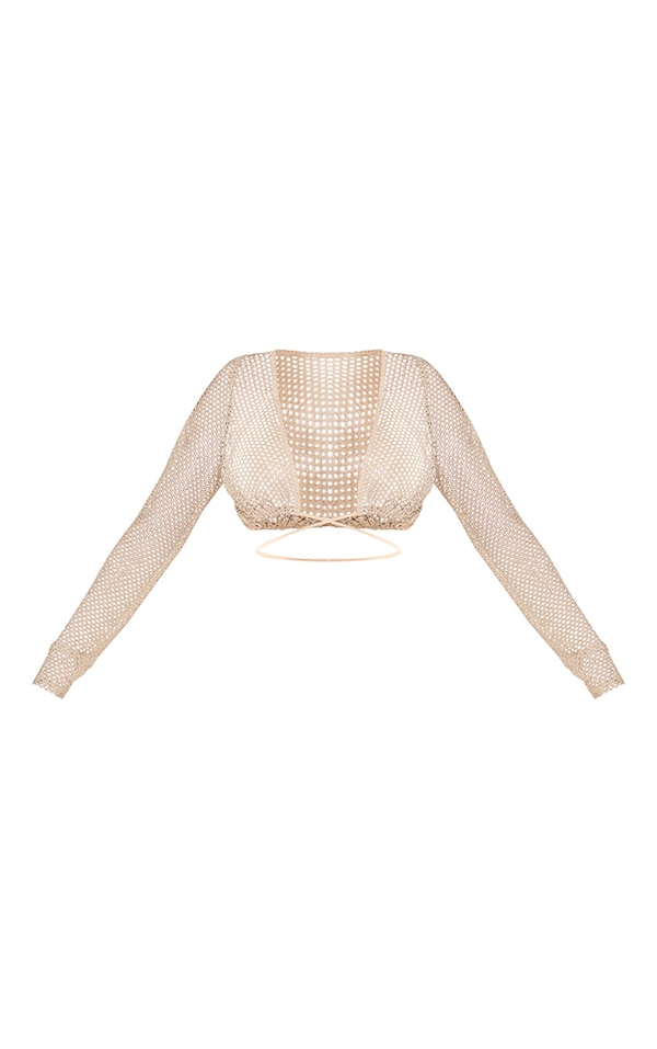 Cream Glitter Net Long Sleeve Plunge Beach Top | Swimwear | PLT